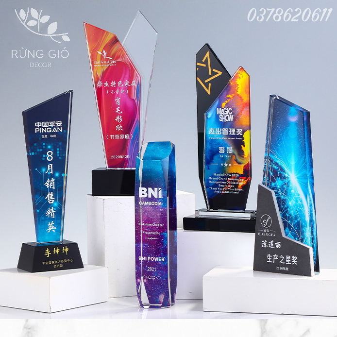 CÚP PHA LÊ SANG TRỌNG, NGUYÊN KHỐI, IN UV PHỦ MÀU, NHIỀU MẪU HOT